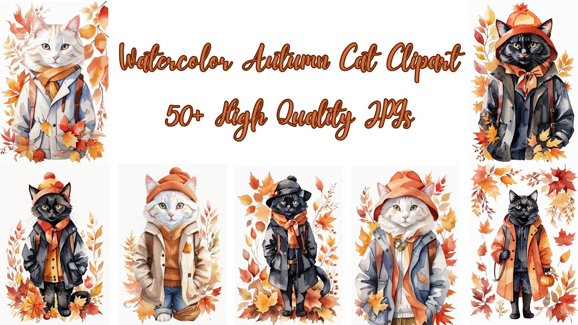 Watercolor Autumn Cat Clipart, Fall Cat Clipart, 50+ High Quality Jpgs ...
