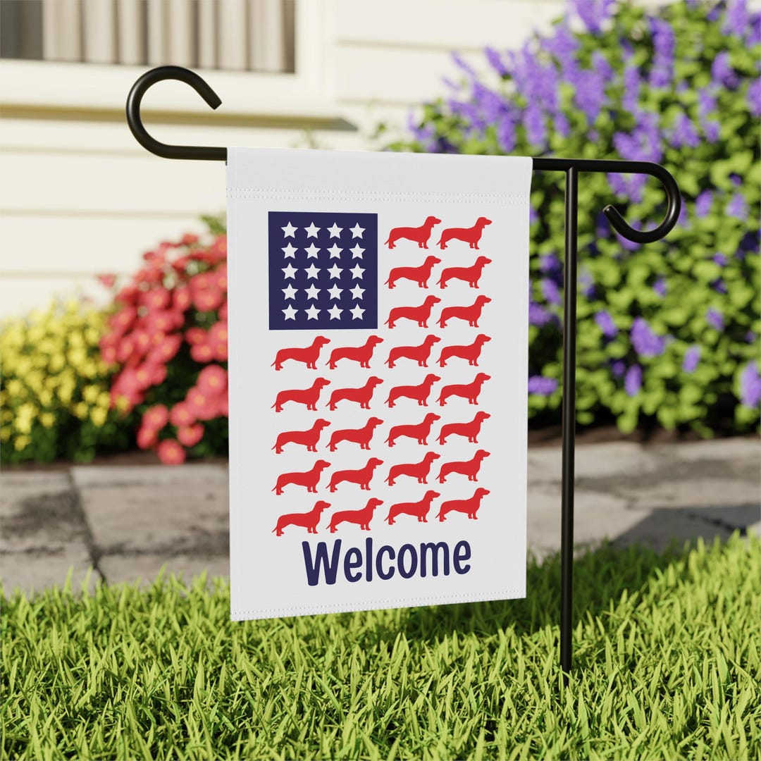 Dachshund Nation Garden Flag, Doxie Dogs Red White Blue American Flag ...