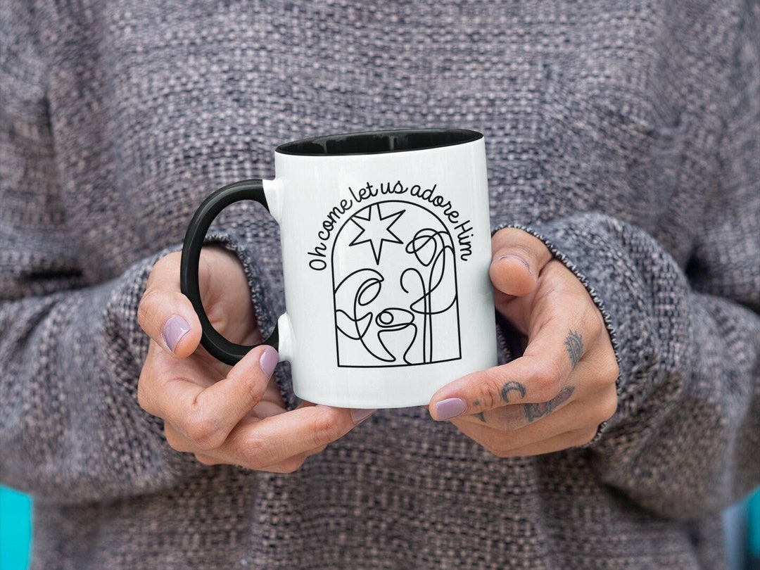 Nativity Christmas Modern Coffee Mug, Jesus Oh Come Let Us Adore Him ...