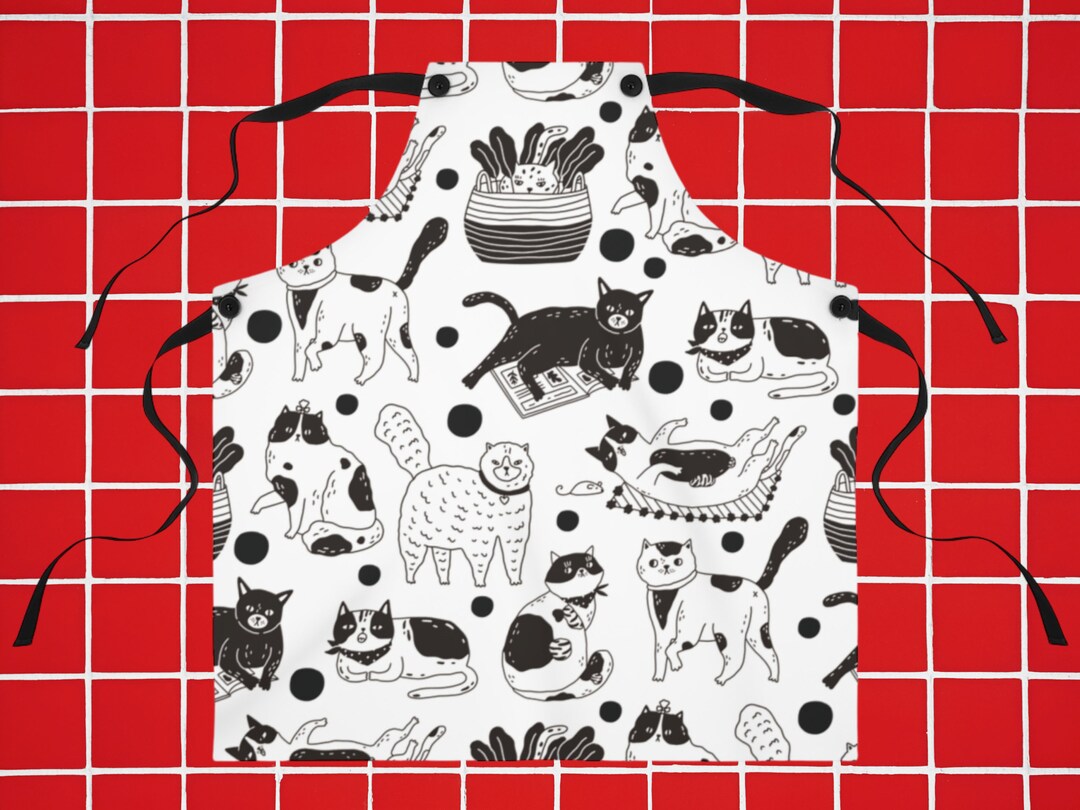 Black White Doodle Cats Apron, Kitchen Baking Chef's Cooking Apron ...