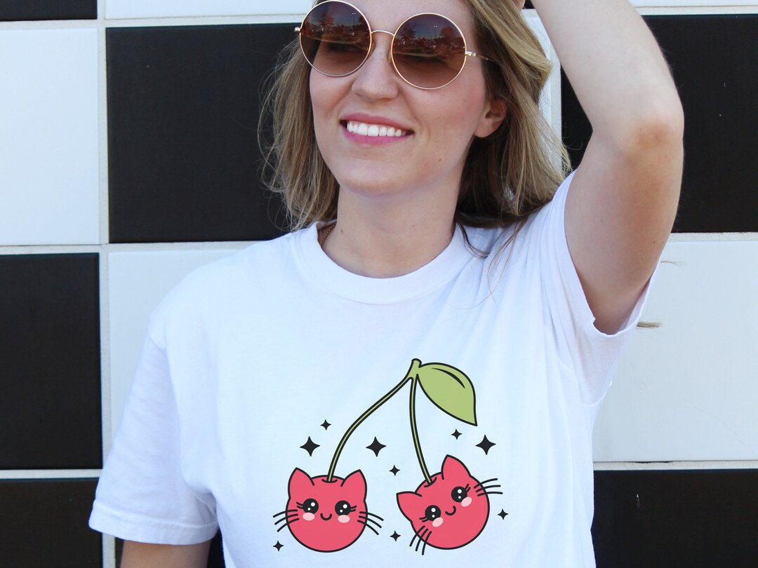 Kawaii Cherry Cats Comfort Colors Graphic Tee, Women's Cherries Cat ...