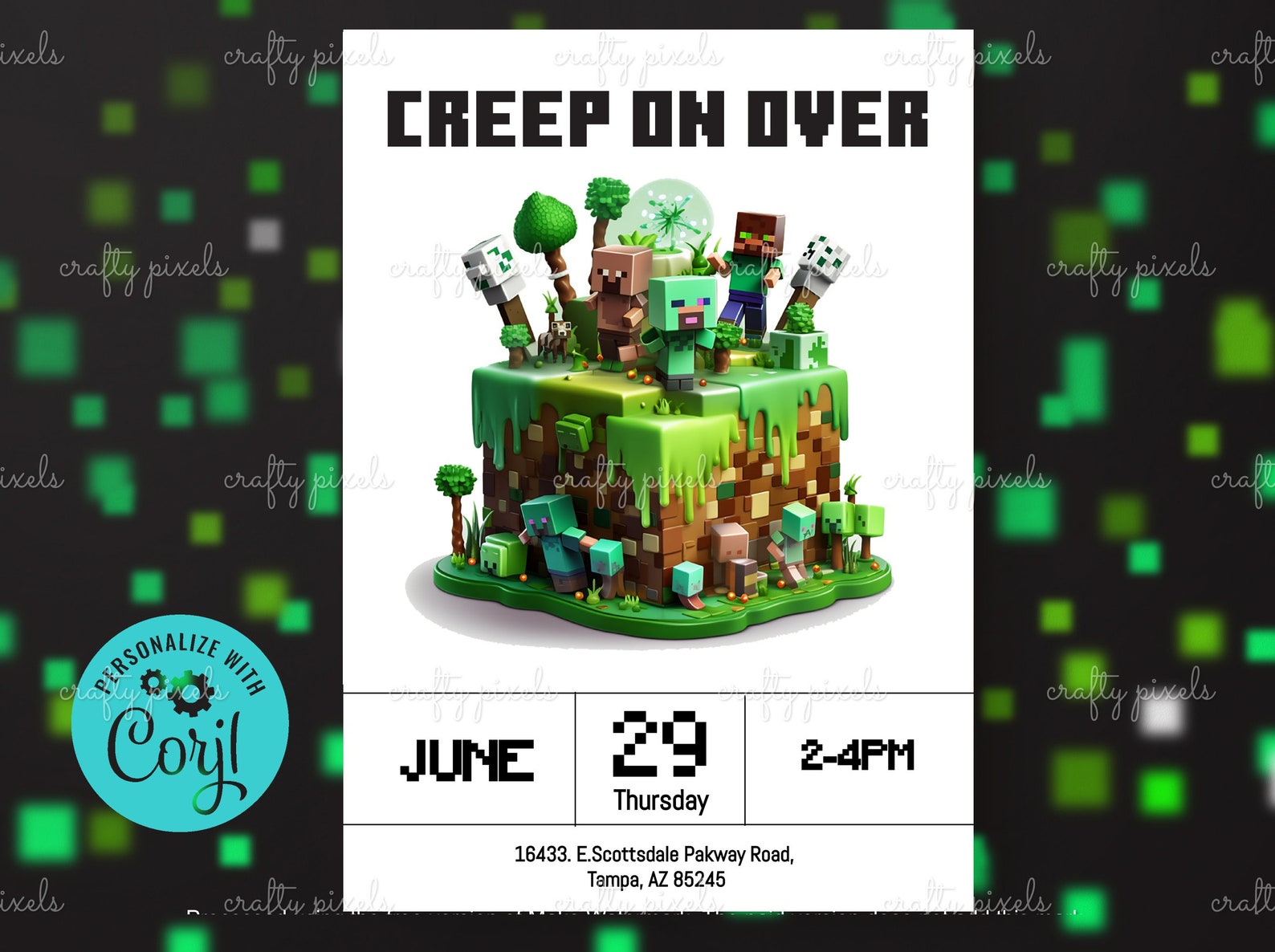 Minecraft Creeper Birthday Invitation Editable DIY Set text Invite 5x7 ...