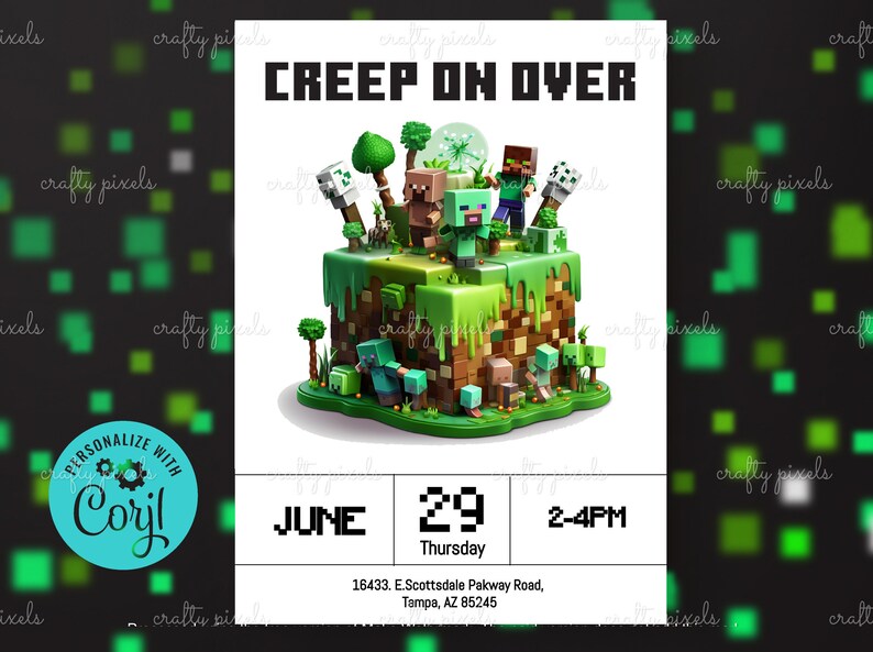 Minecraft Creeper Birthday Invitation Editable DIY Set text Invite 5x7 ...