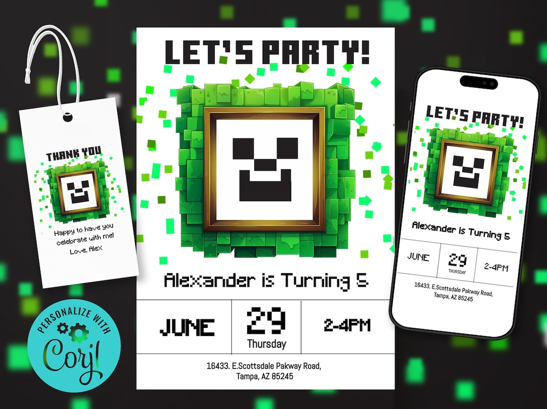 OPEN SALE | Minecraft Creeper Birthday Invitation Editable DIY Set ...