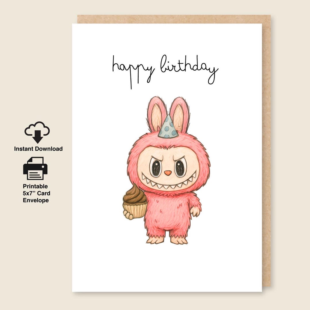 Labubu Birthday Card, Digital Download and Printable 5x7 Greeting Card ...
