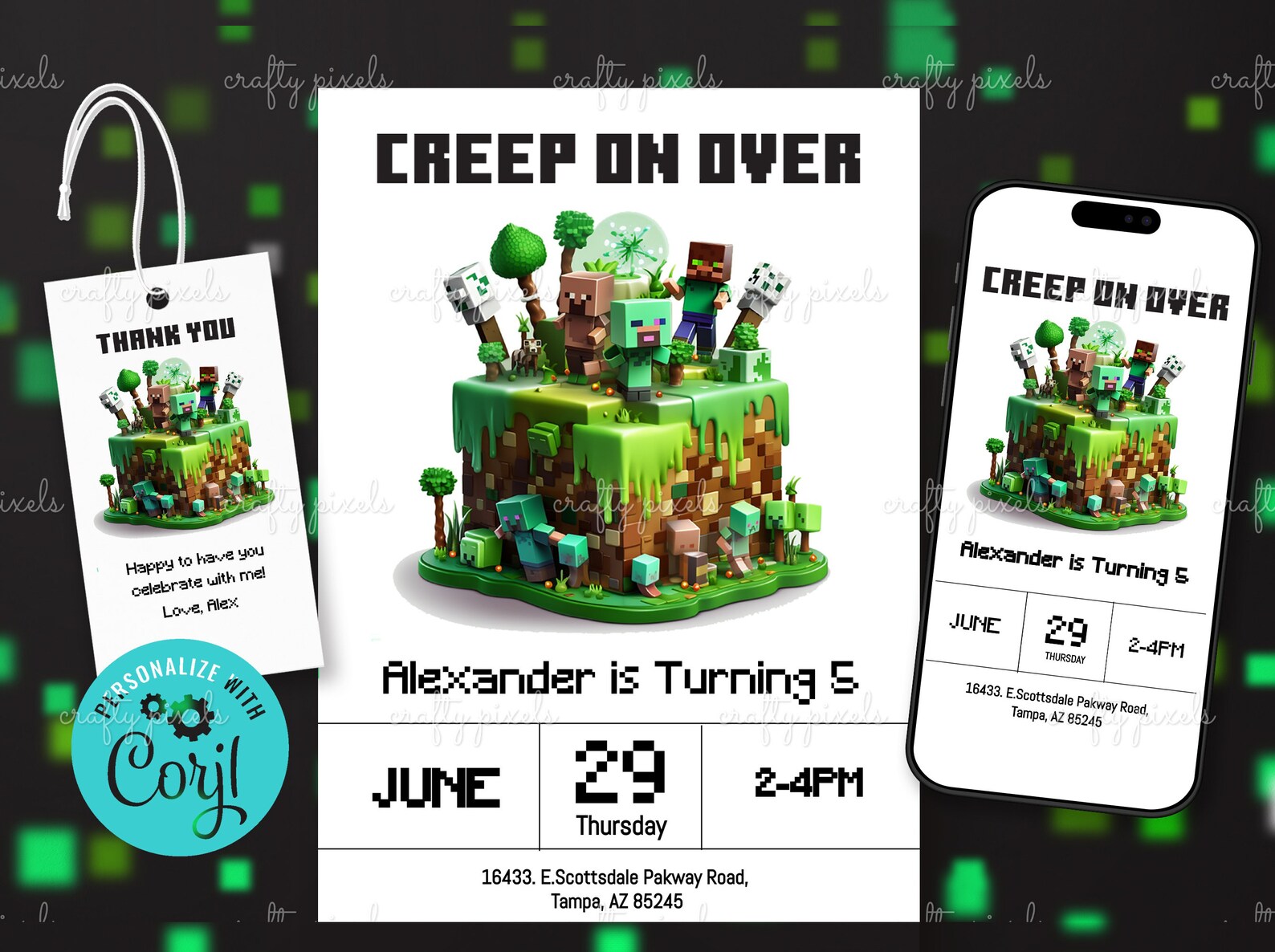 Minecraft Creeper Birthday Invitation Editable DIY Set text Invite 5x7 ...