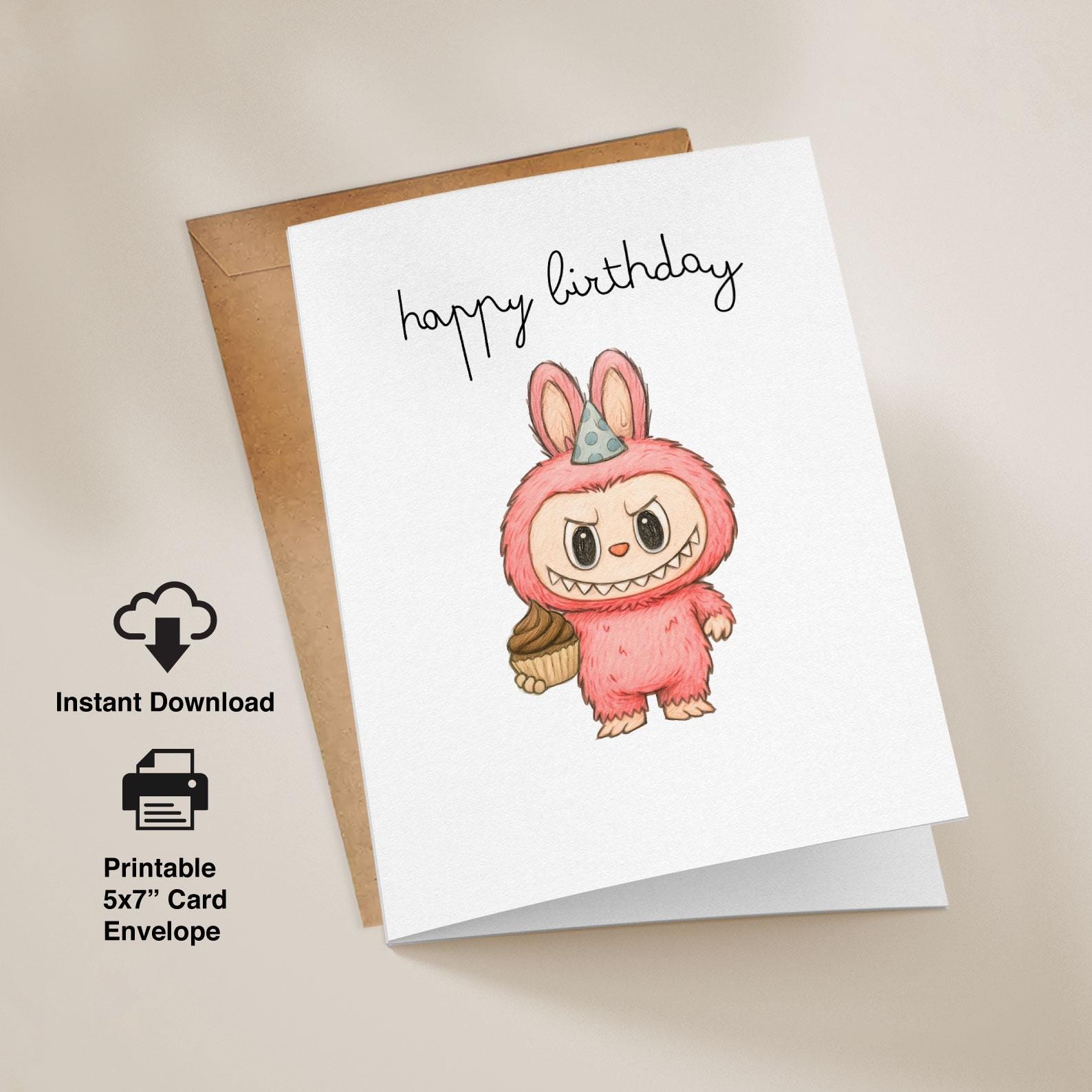 Labubu Birthday Card, Digital Download and Printable 5x7 Greeting Card ...