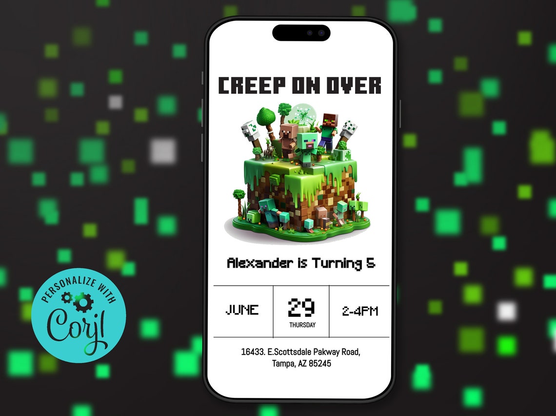 Minecraft Creeper Birthday Invitation Editable DIY Set text Invite 5x7 ...