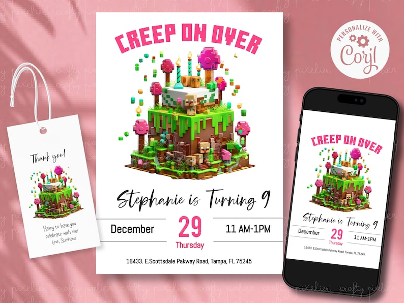 Girl's Minecraft Birthday Invitation Editable DIY one File Works for ...