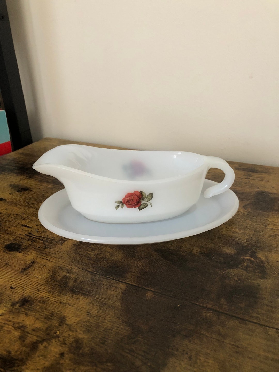 Vintage Phoenix Opalware 150 Red Rose Gravy Boat and Its Dish Made in ...