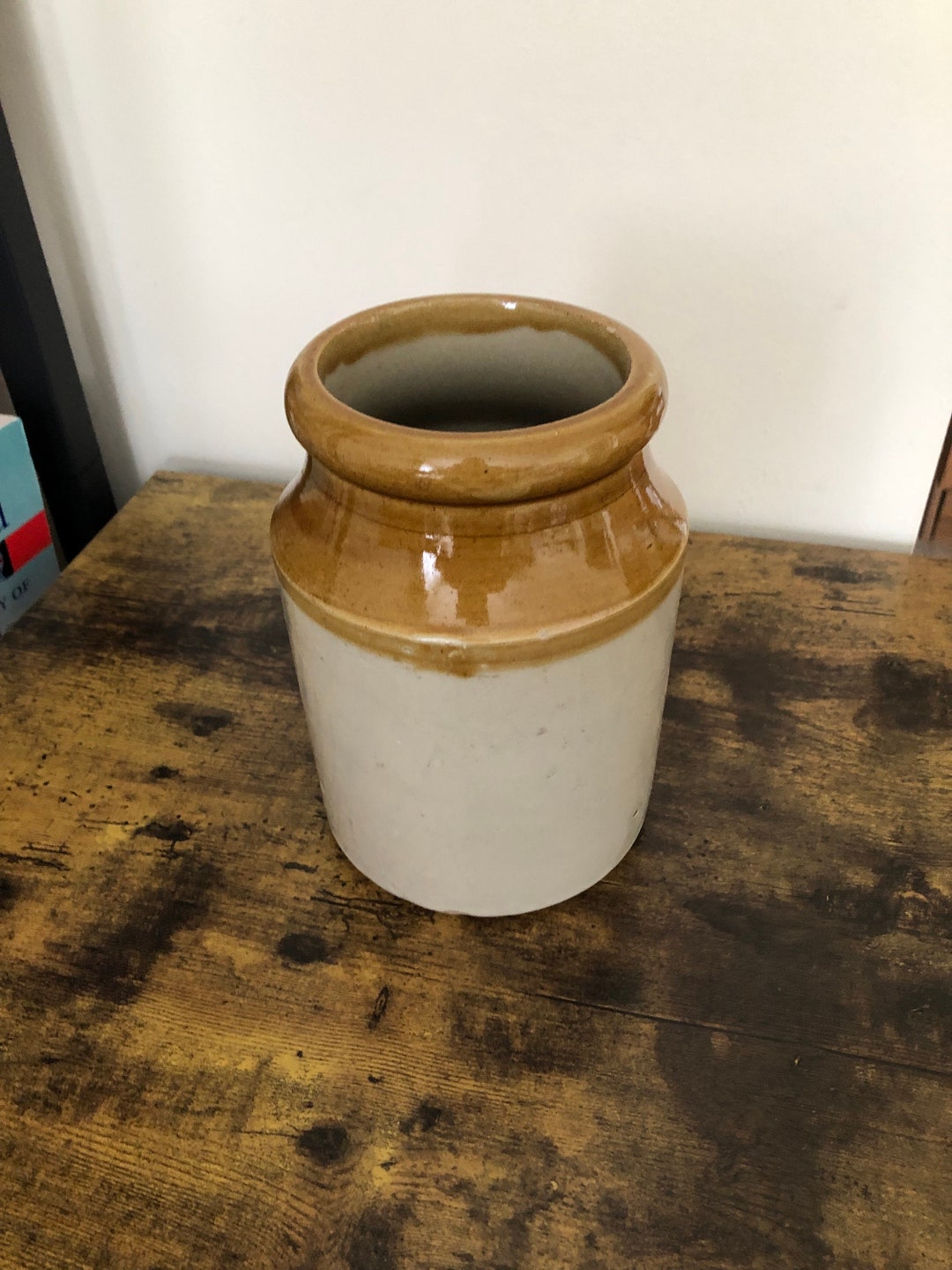 Vintage Stoneware Cream & Brown Salt-glazed Medium Storage Jar Kitchen ...
