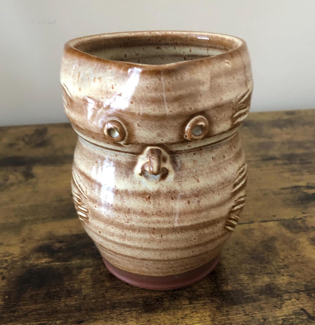 Studio Pottery Owl Jug: Ribbed Stoneware Pitcher (13cm) - Etsy
