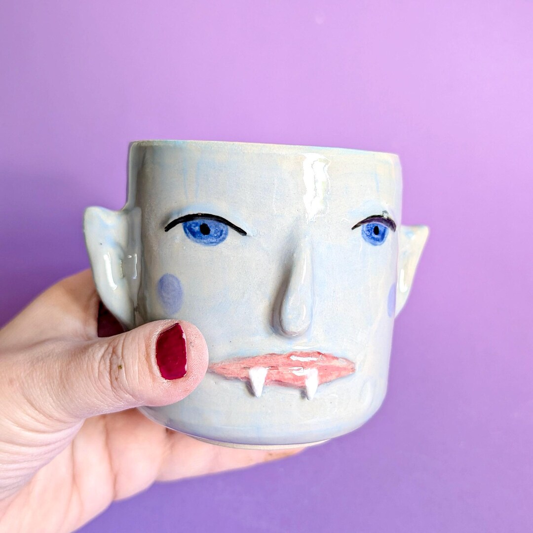 Ceramic Mug Vampire Light Blue; Halloween Mug Face Hand-thrown; Ceramic ...