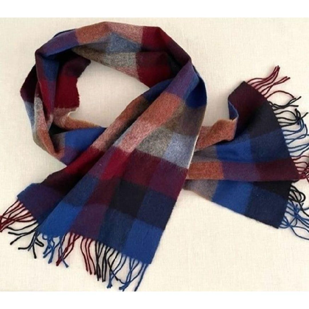 Vintage Perry Ellis Wool Scarf, Blue Red Plaid Check Pattern, Fringe - Etsy