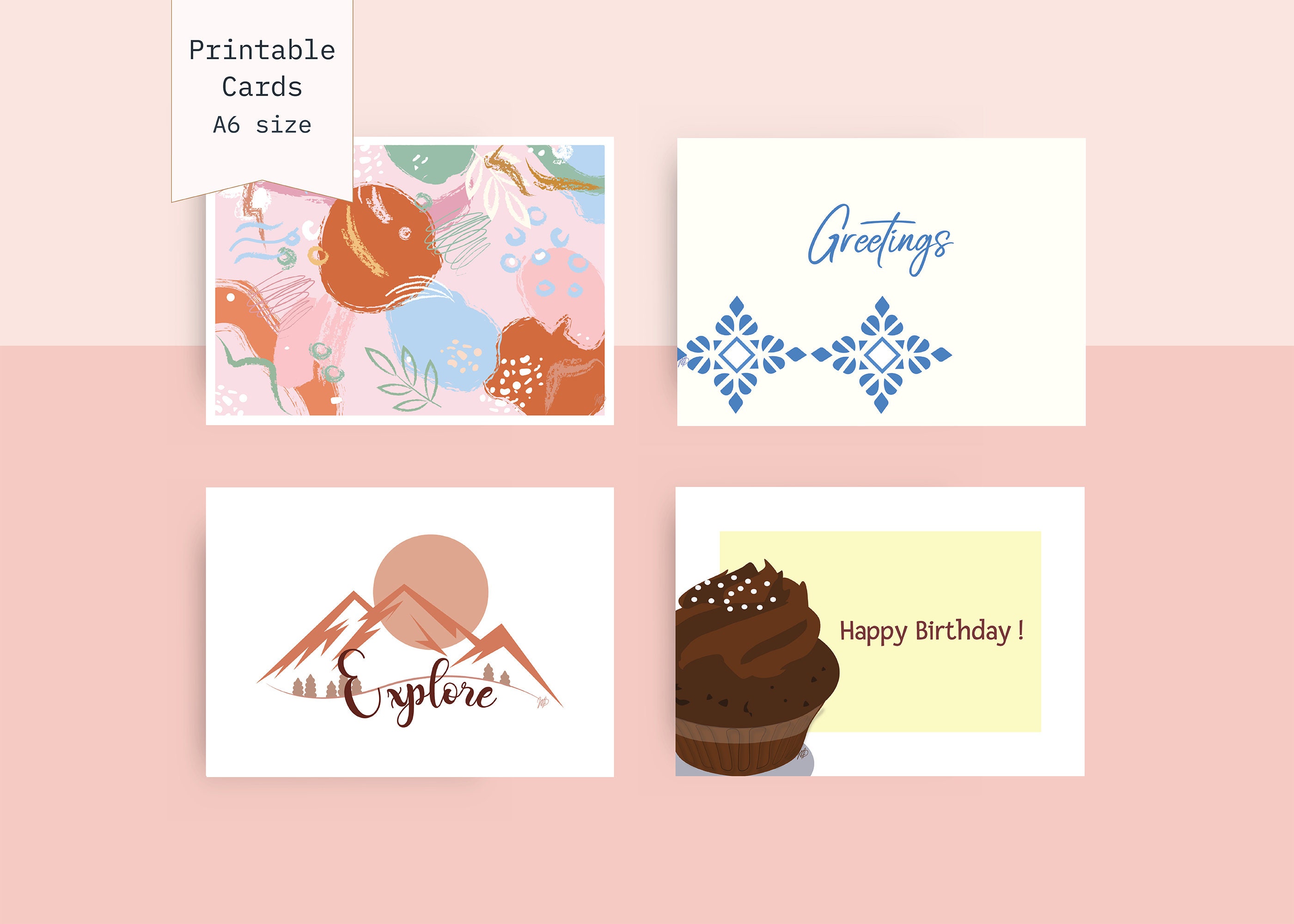 4 Printable Digital Cards Flat Note Cards, Postcard Size Birthday ...