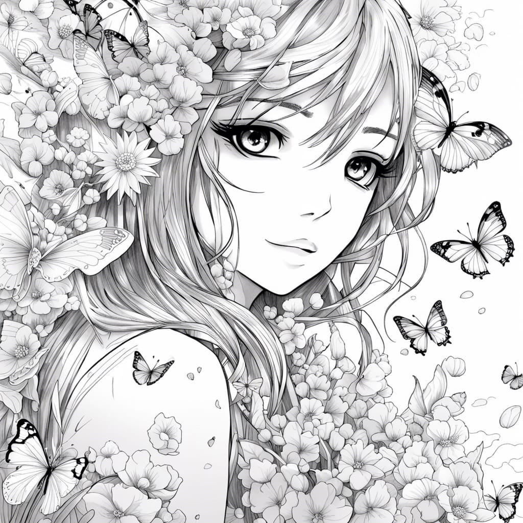 AI Art - Coloring Template Manga Girl and Butterflies - Etsy