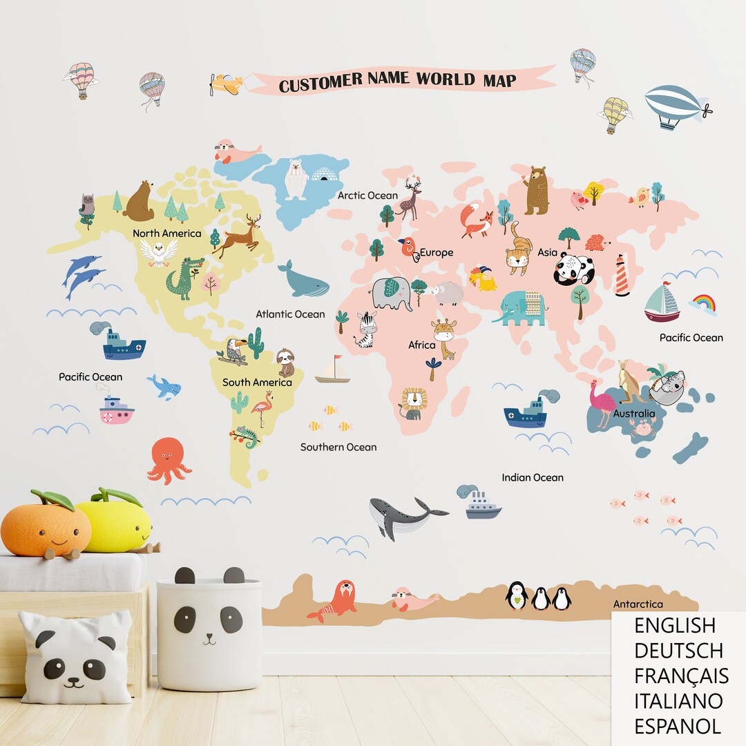 World Map Wall Decal, Kids World Map, Animal World Map Decal, Custom ...