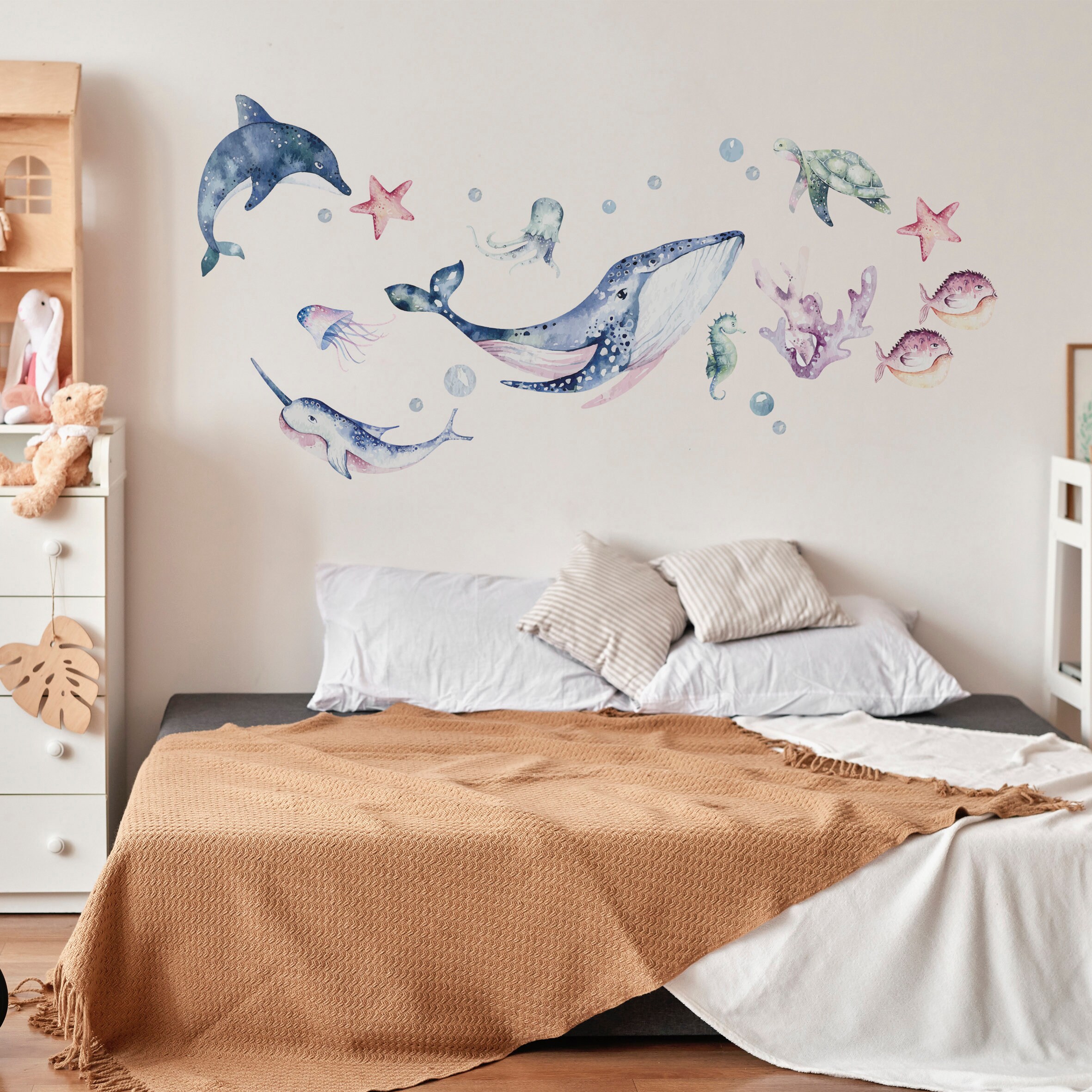 Ocean Animals Wall Decal, Watercolor Decal Set, Underwater Stickers ...