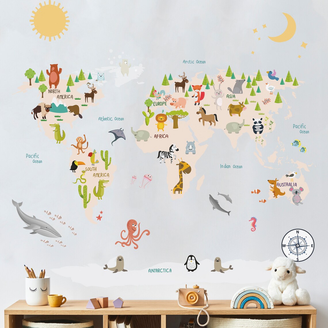 Animal World Map Decal, Kids World Map Decal, World Map Wall Decal ...