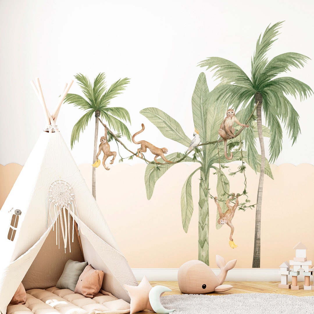 Jungle Tree Wall Decals, Monkey Decal, Palm Tree Safari Wall Decal ...