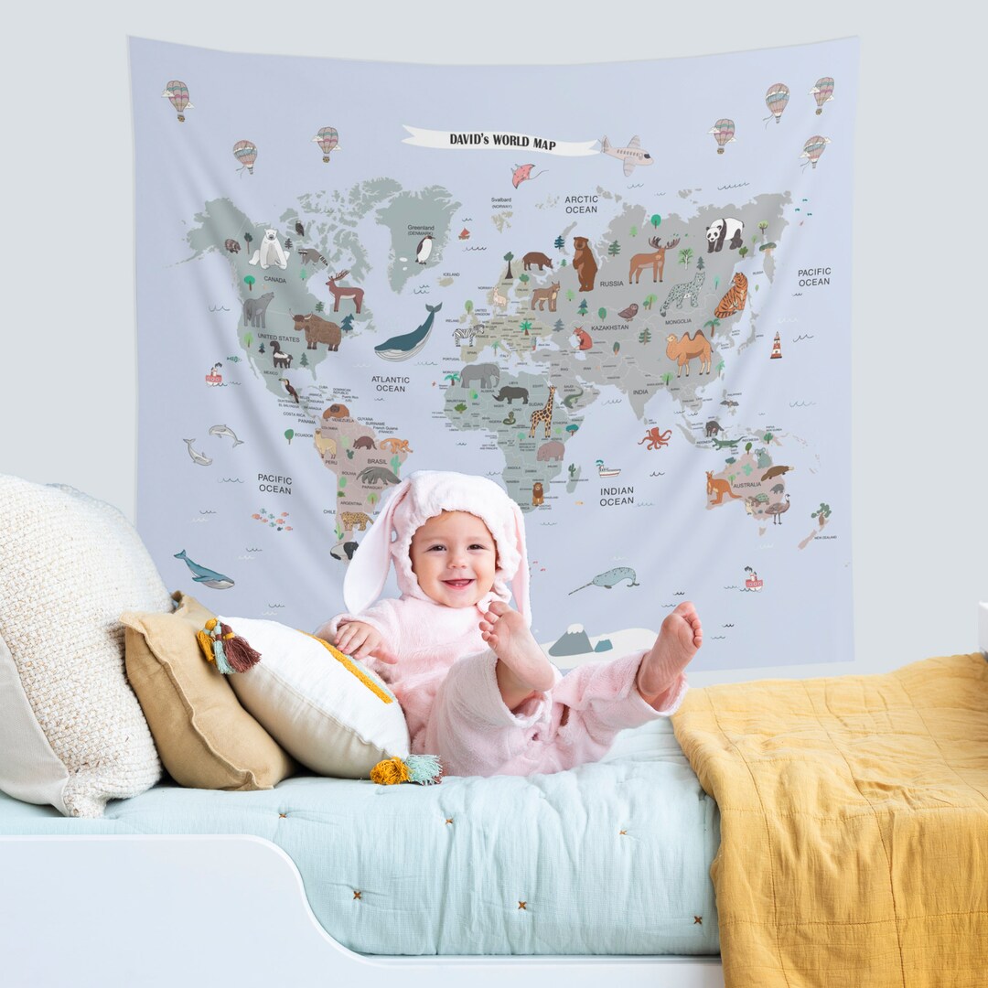 Country Names Colorful World Map Tapestry, World Map Tapestry, Animal ...