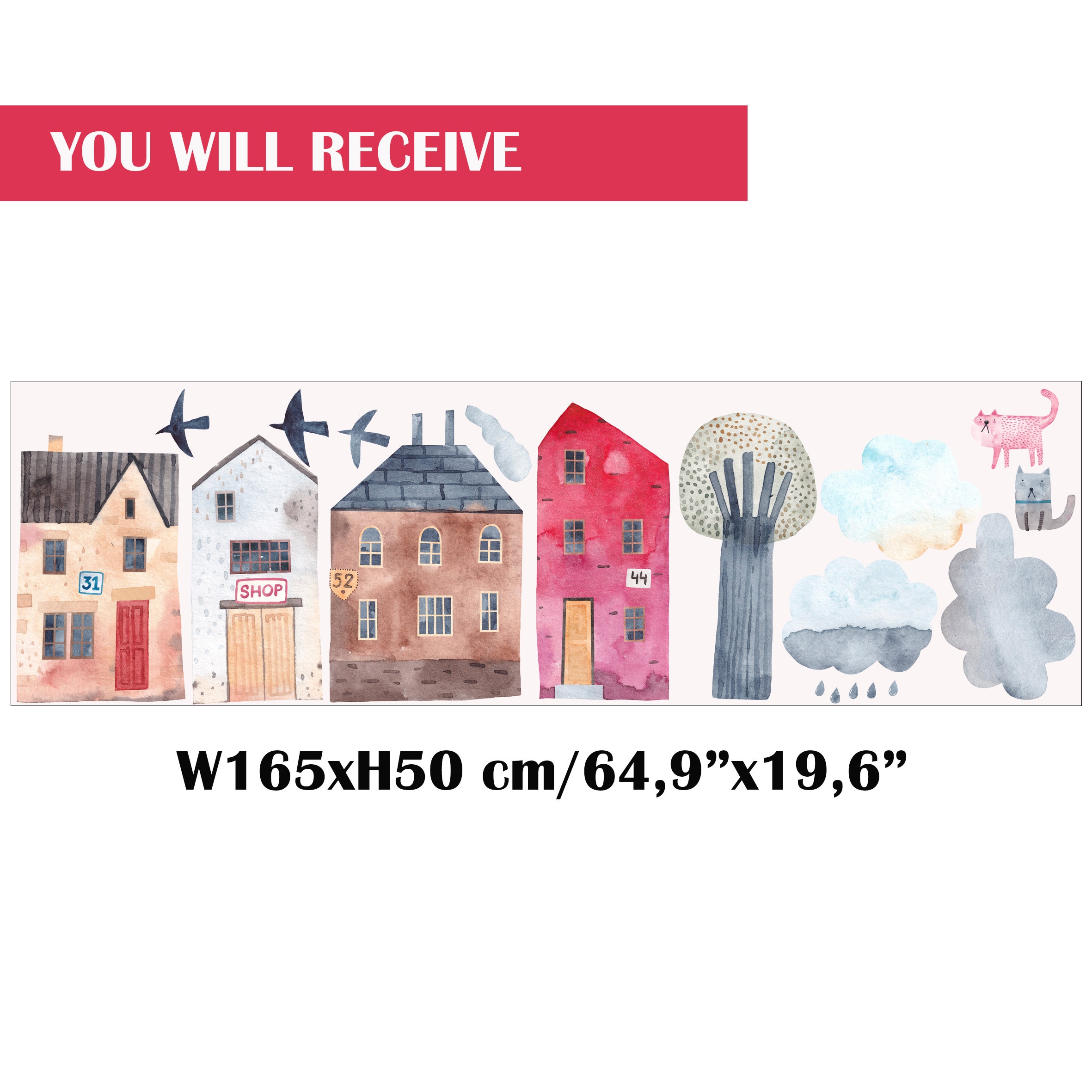 Watercolor Houses Wall Decals, Village Wall Decal, City Wall Decal ...