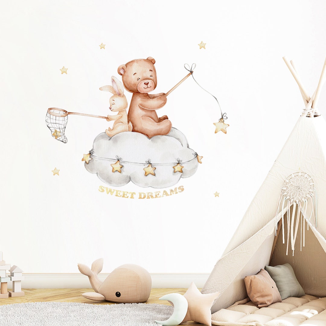 Teddy Bear , Bunny and Stars Wall Decal, Bear Nursery Wall Decal ...