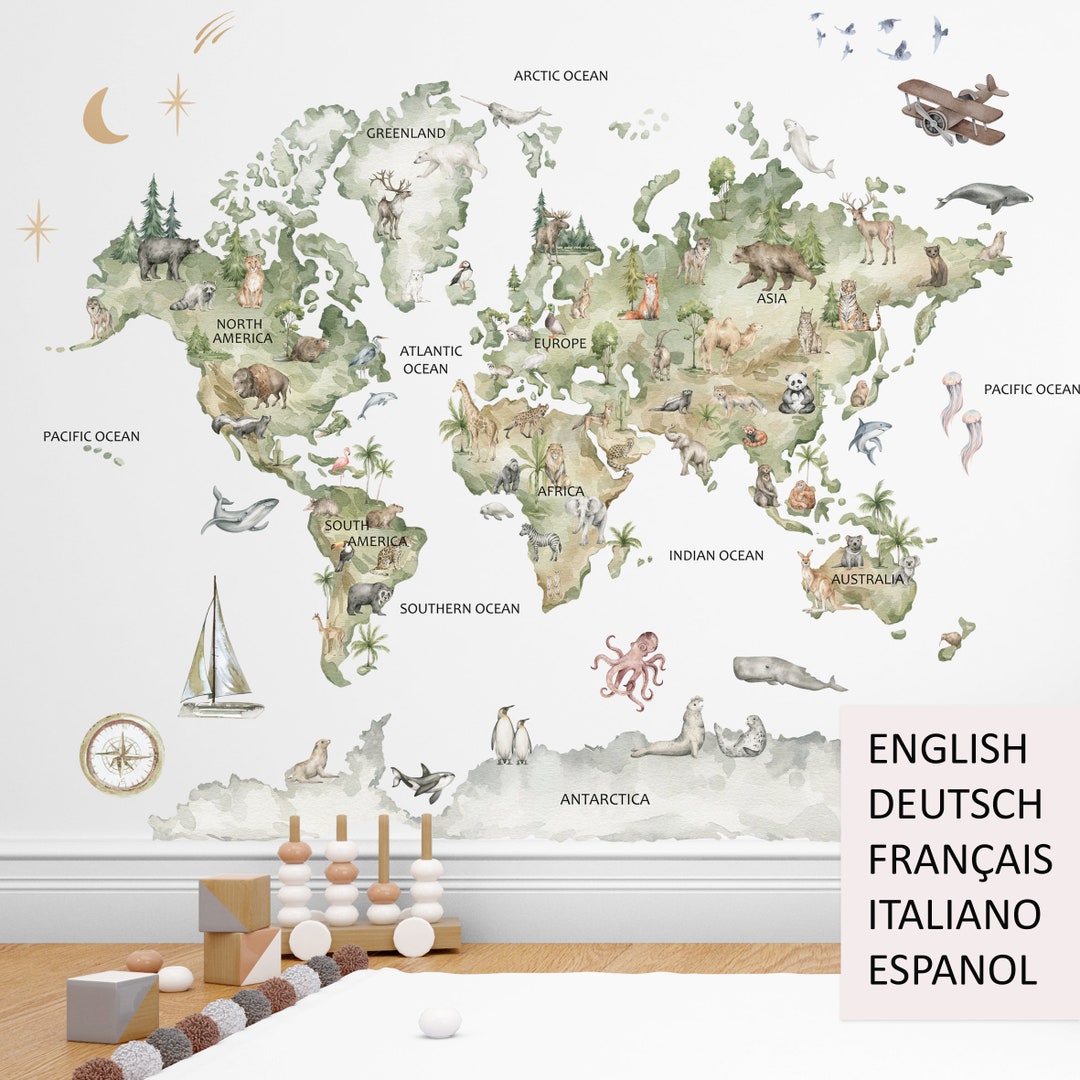 World Map Wall Decal, Kids World Map, Animal World Map Decal, Custom ...