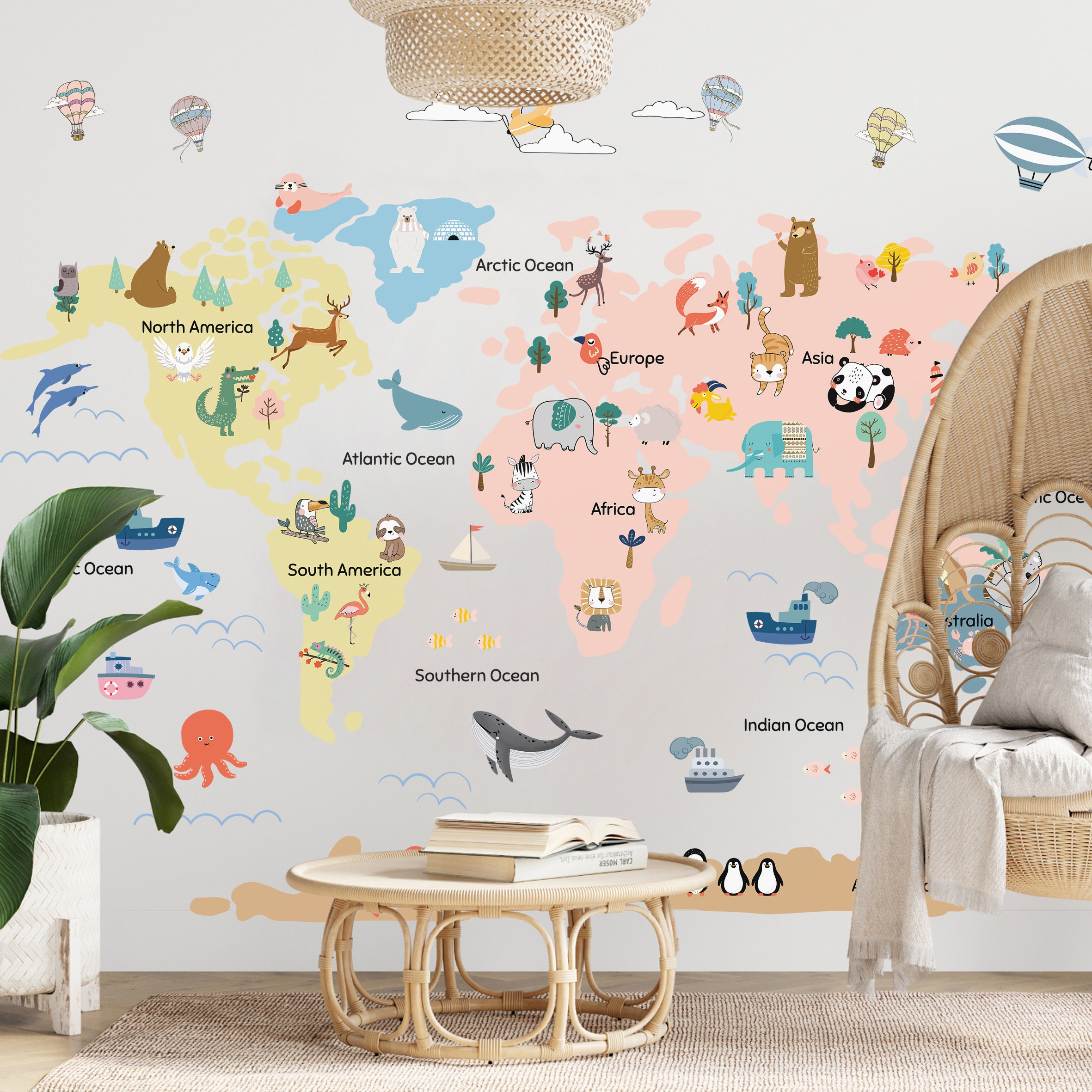 World Map Wall Decal, Kids World Map, Animal World Map Decal, Custom ...