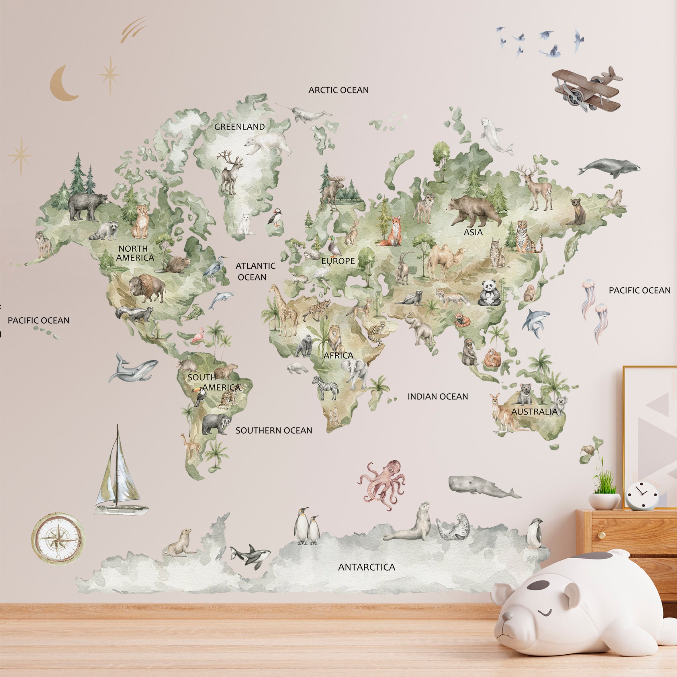 World Map Wall Decal Kids World Map Animal World Map Decal - Etsy