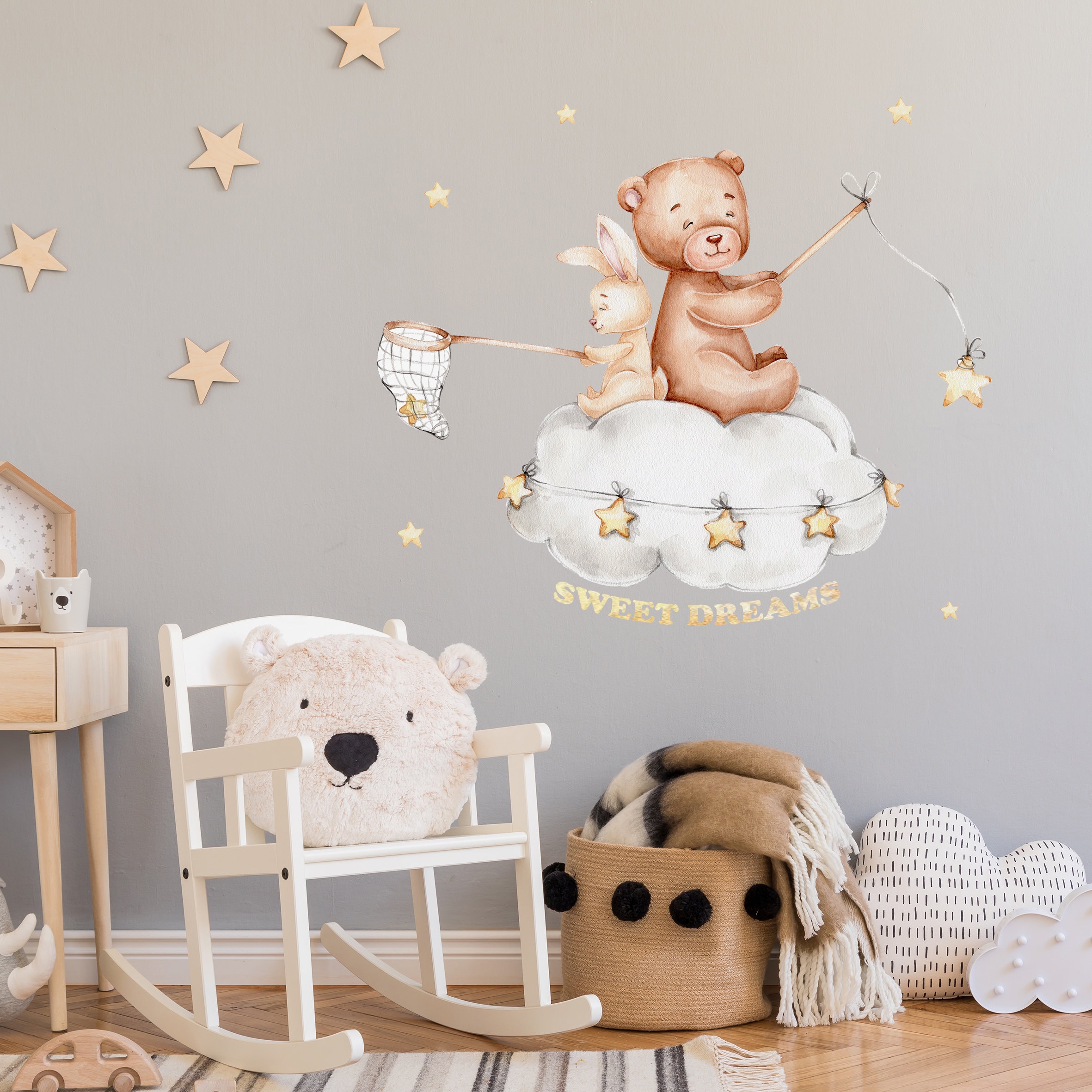 Teddy Bear , Bunny and Stars Wall Decal, Bear Nursery Wall Decal ...