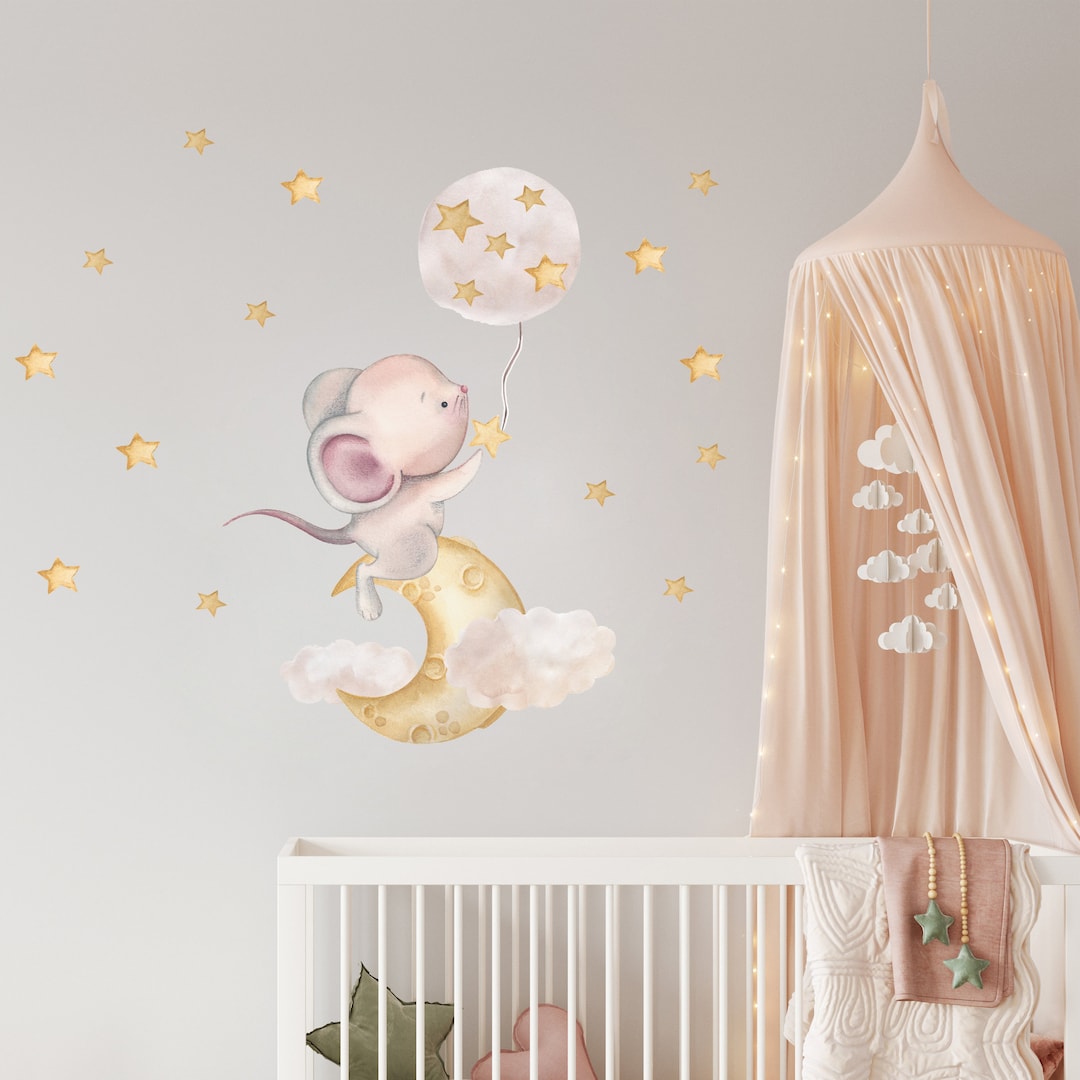 Stars, Clouds and Moon, Mouse on the Moon Nursery Wall Sticker, Baby ...