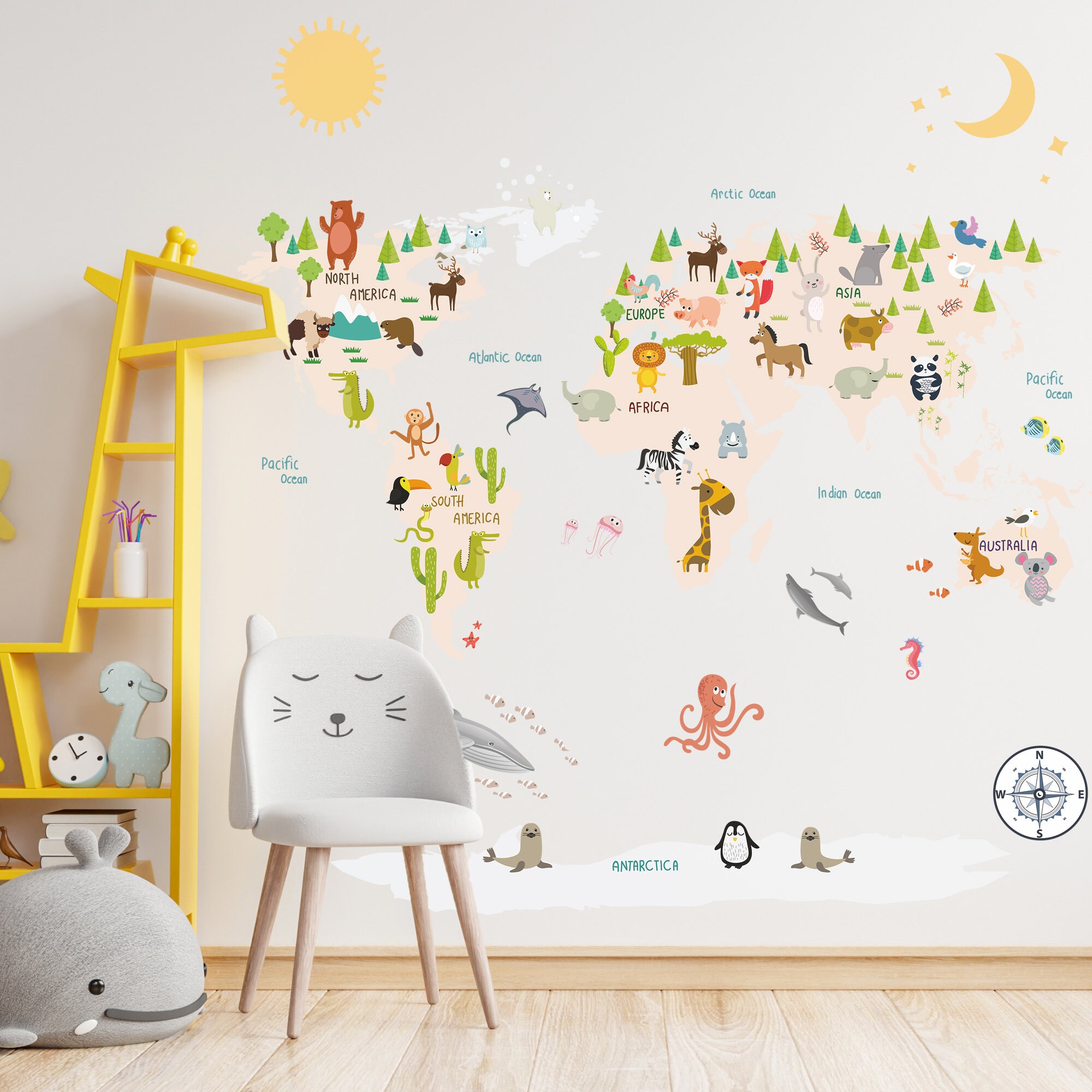 Animal World Map Decal, Kids World Map Decal, World Map Wall Decal ...