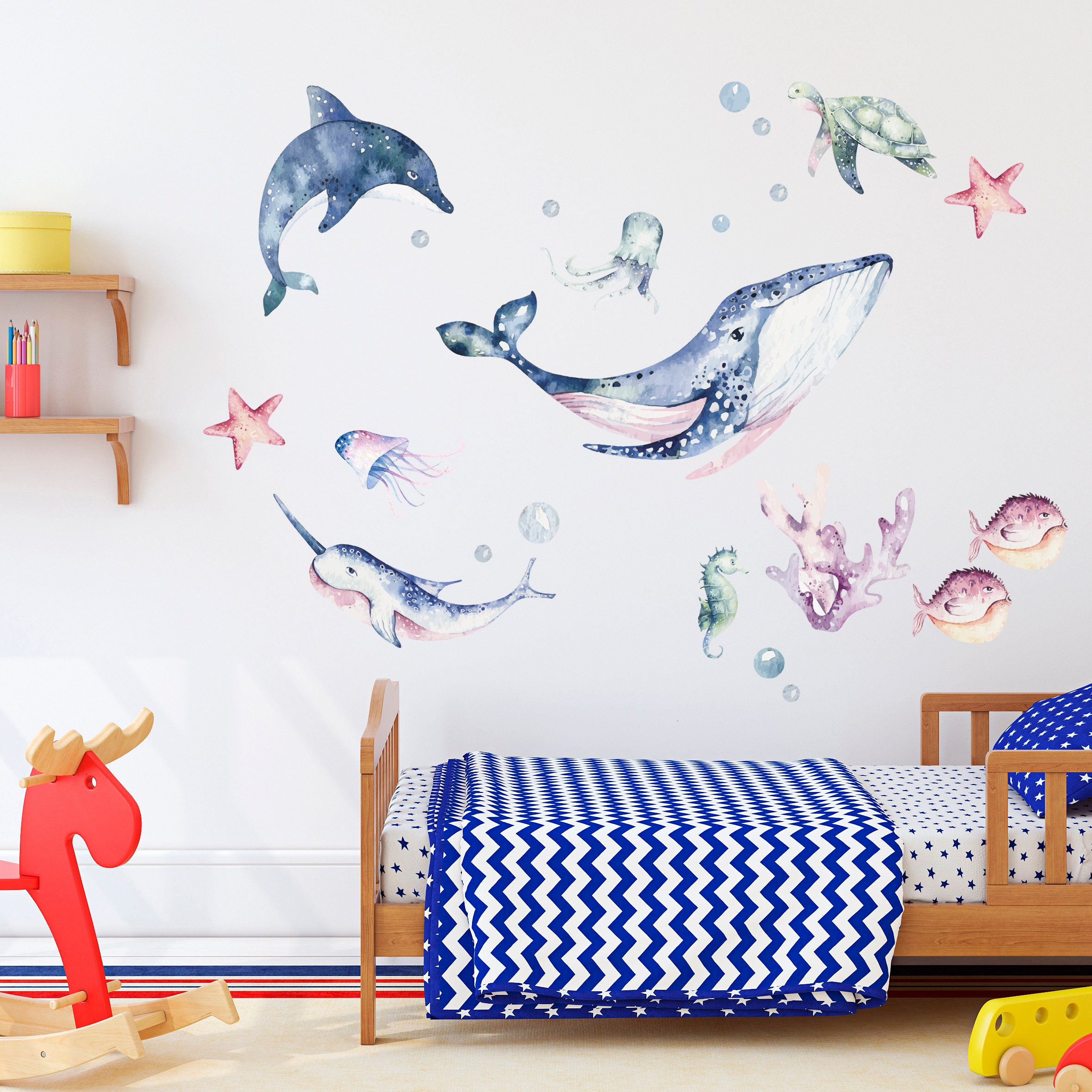 Ocean Animals Wall Decal, Watercolor Decal Set, Underwater Stickers ...