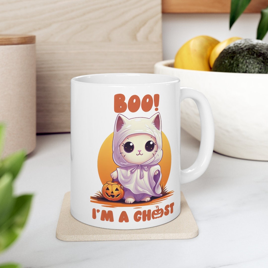 Cute Halloween Cat Mug, Spooky Ghost Design, Boo Coffee Cup, Cat Lover ...