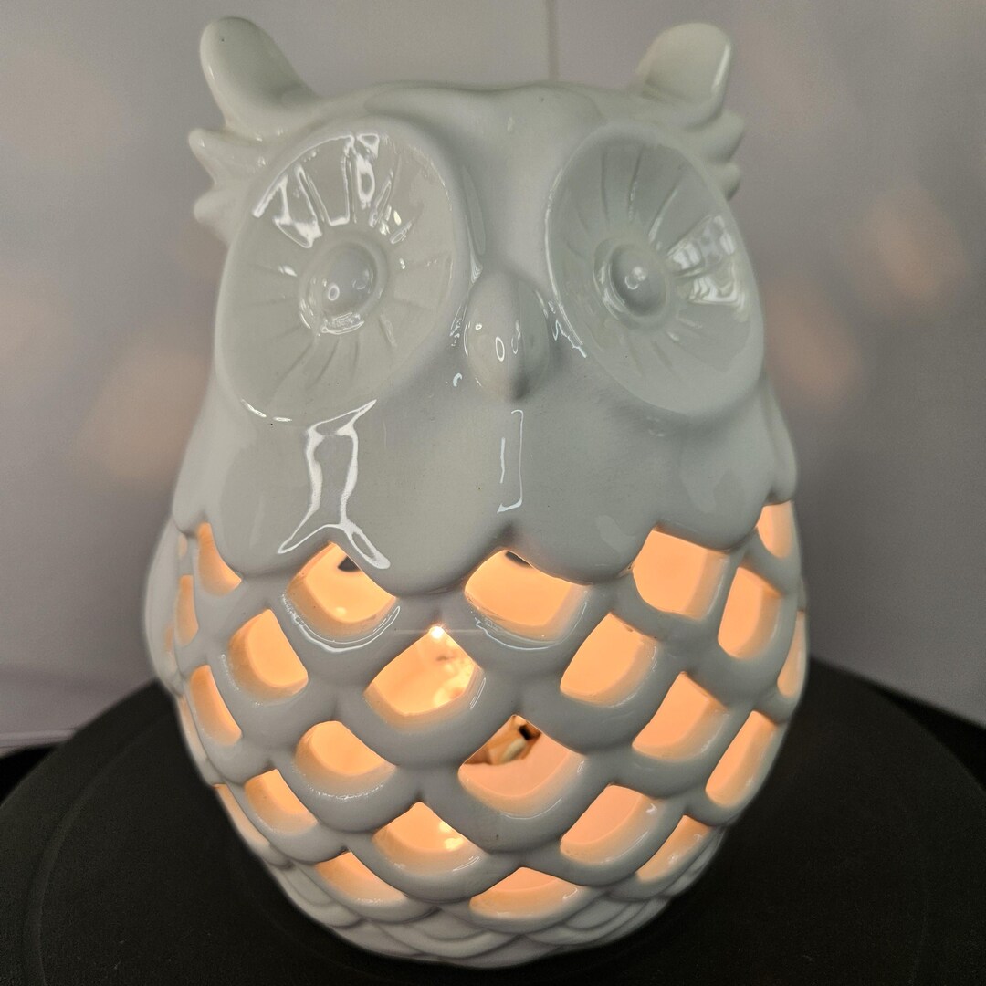 Ceramic White Owl Lamp - Beauitful Open Lattice Front & Back - 8" Tall ...