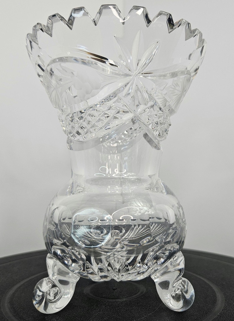 Vintage Crystal Three Footed Vase - Etched Flower and Leaves - Floral ...
