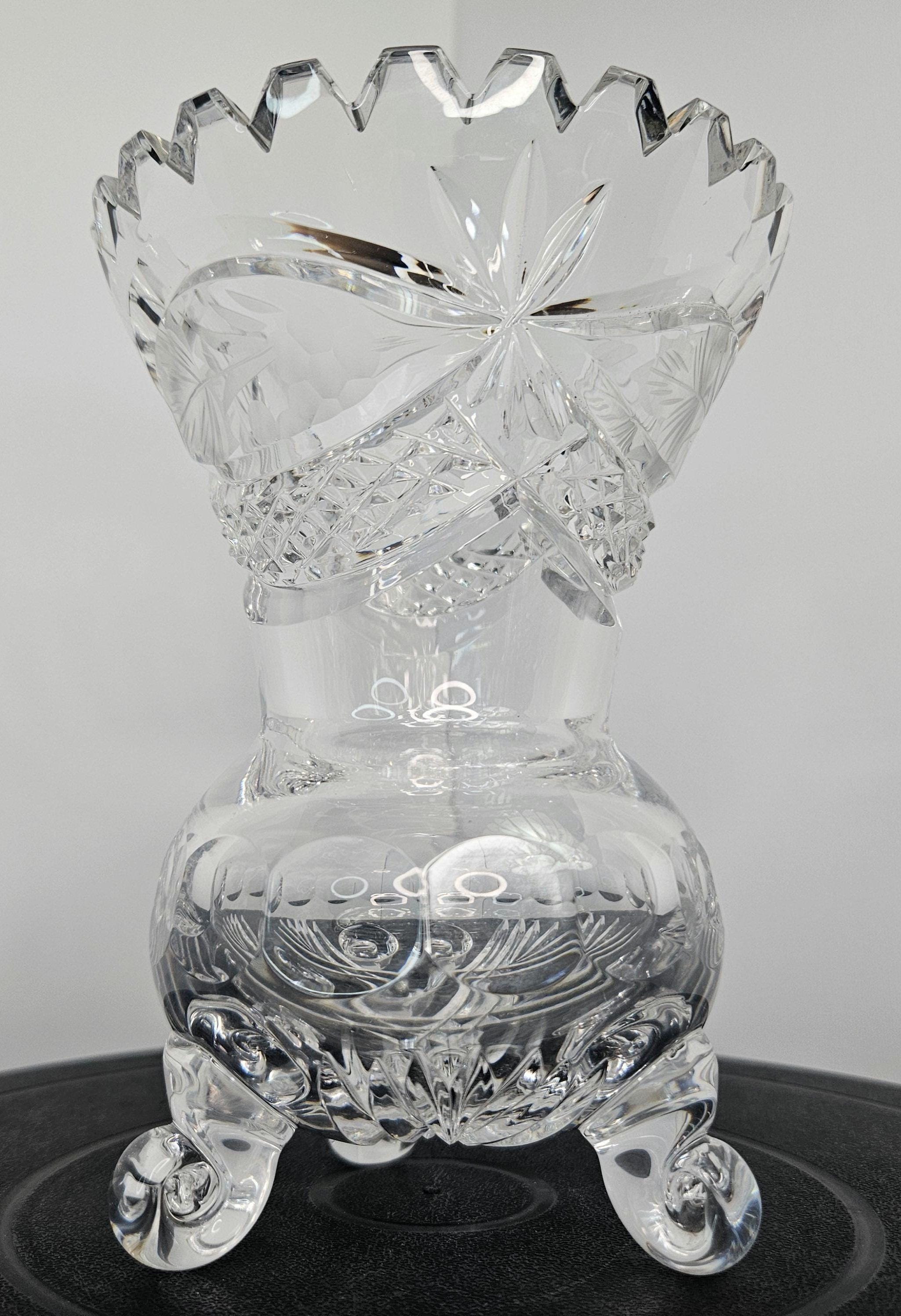 Vintage Crystal Three Footed Vase - Etched Flower and Leaves - Floral ...