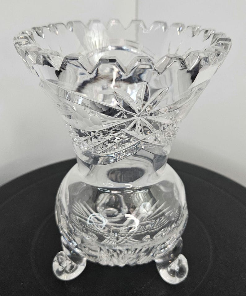 Vintage Crystal Three Footed Vase - Etched Flower and Leaves - Floral ...