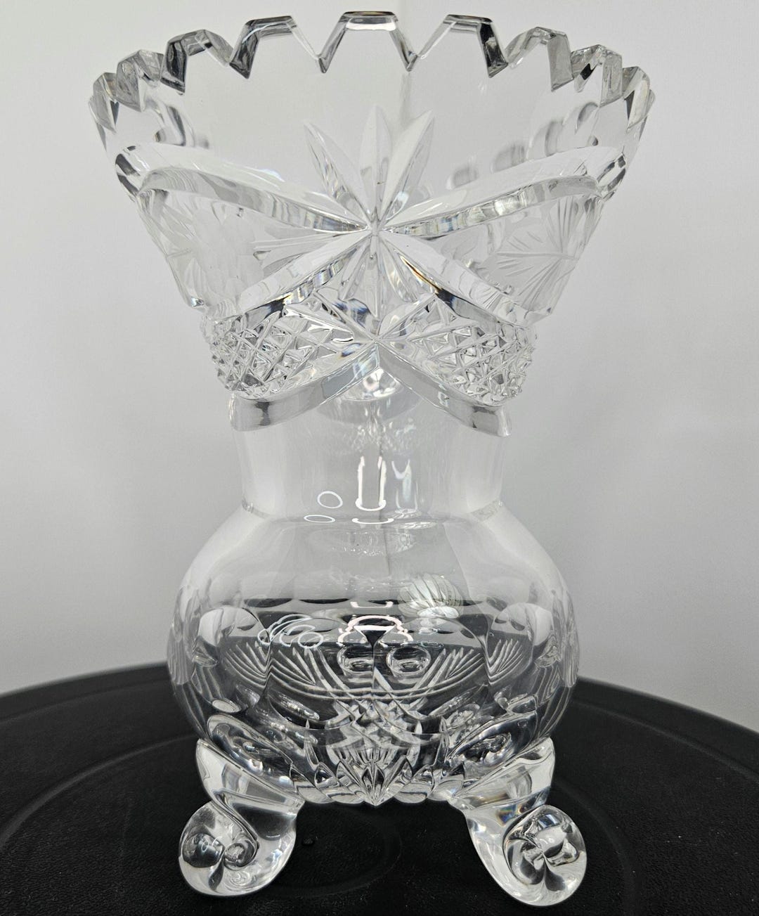 Vintage Crystal Three Footed Vase - Etched Flower and Leaves - Floral ...