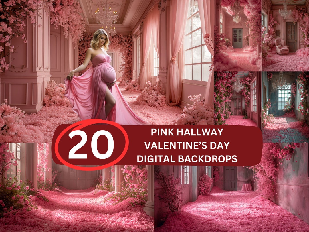 20 PINK ROSES HALLWAY Digital Backdrop, Valentine's Day Background ...