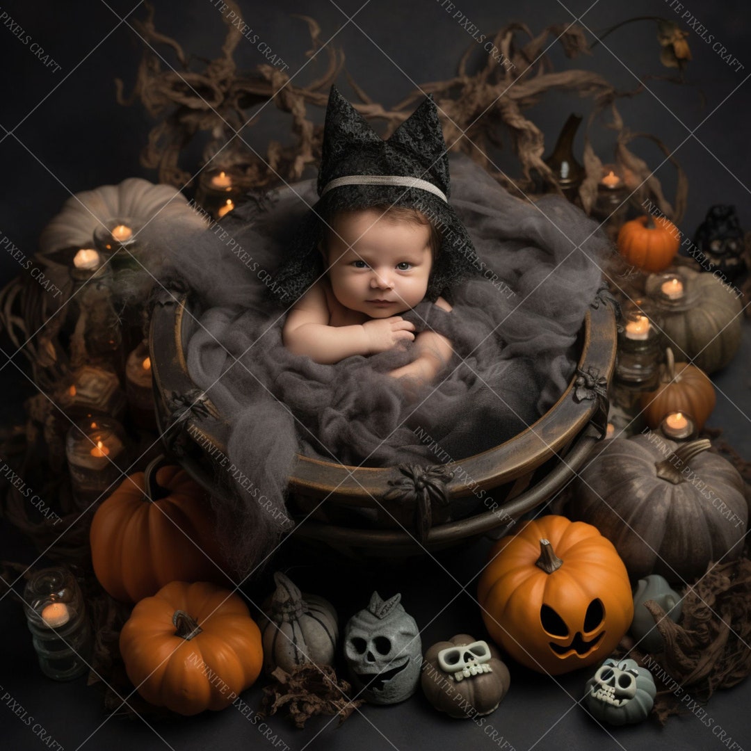 Halloween Newborn Backdrop, Spooky Pumpkins, Baby Photoshoot (digital ...