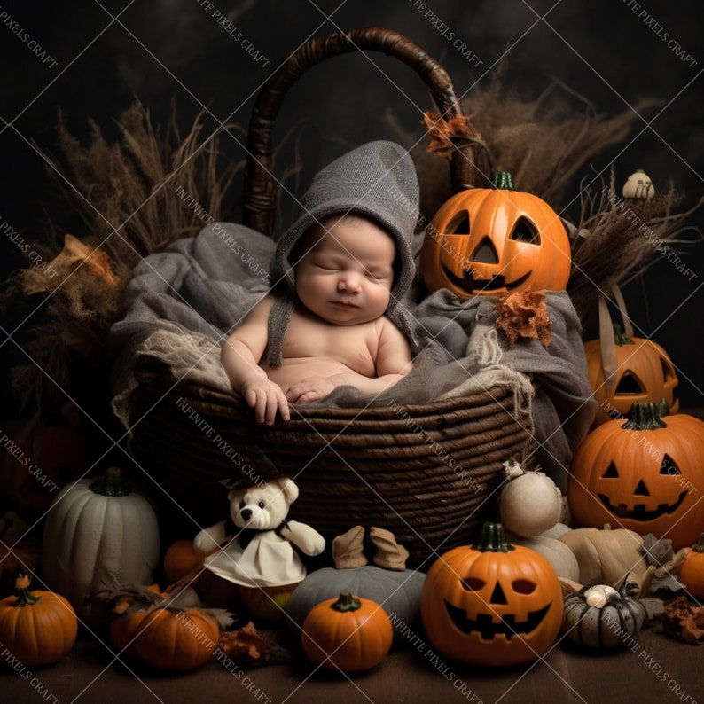 Halloween Newborn Digital Backdrop, Teddy Bear Pumpkin Scene (JPG ...