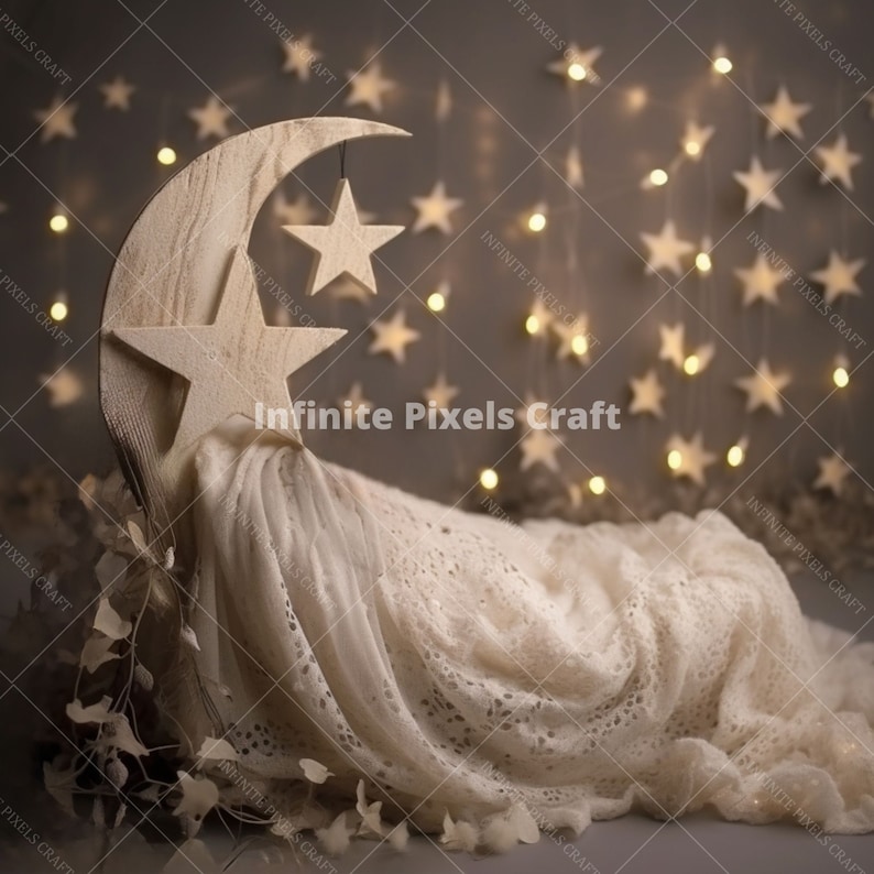 NEWBORN CRESCENT MOON Digital Backdrop, Twinkle Star Lights, Beige Cozy ...