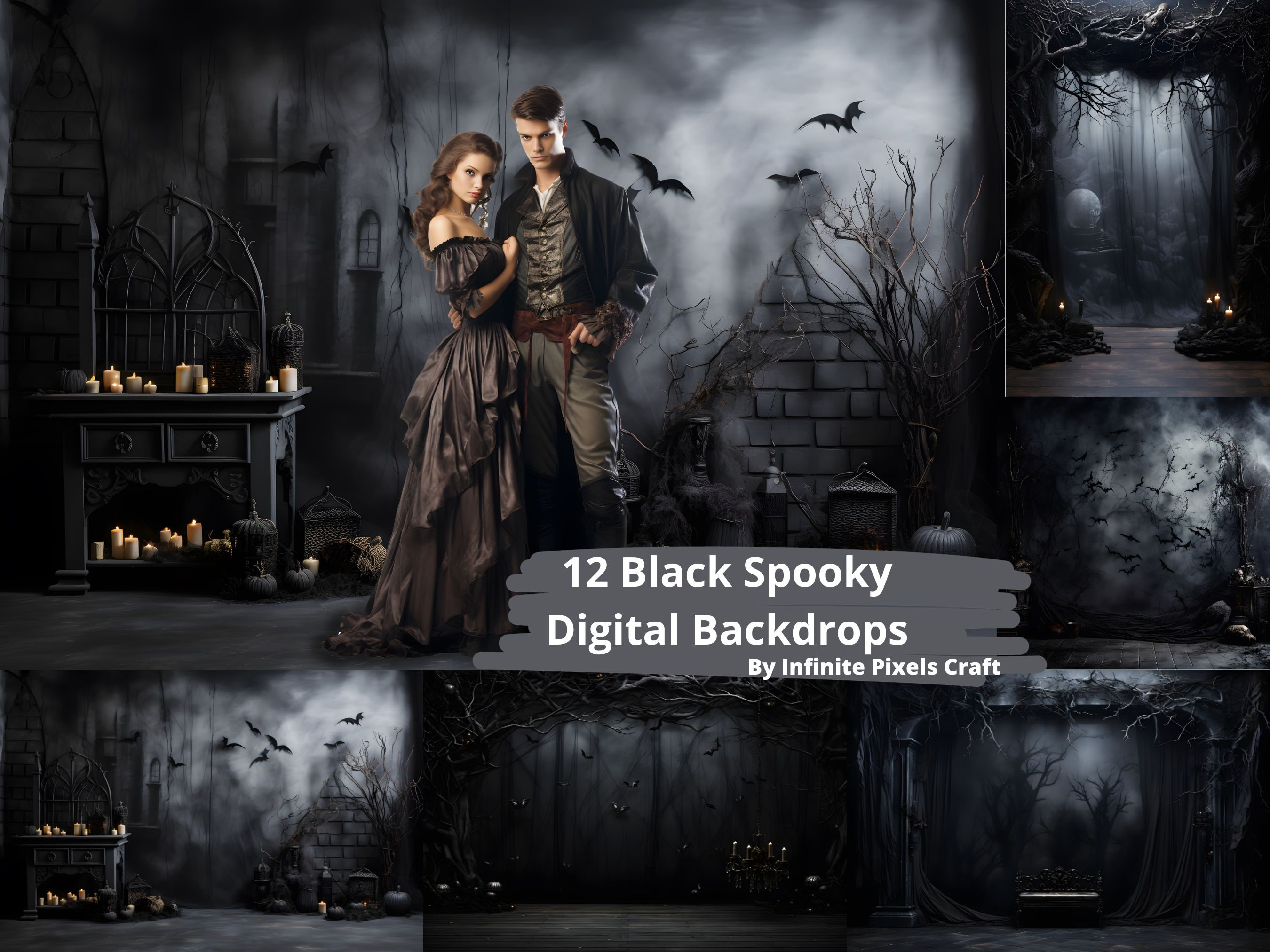 12 Black Spooky Halloween Digital Backdrops, Photography Backgrounds ...