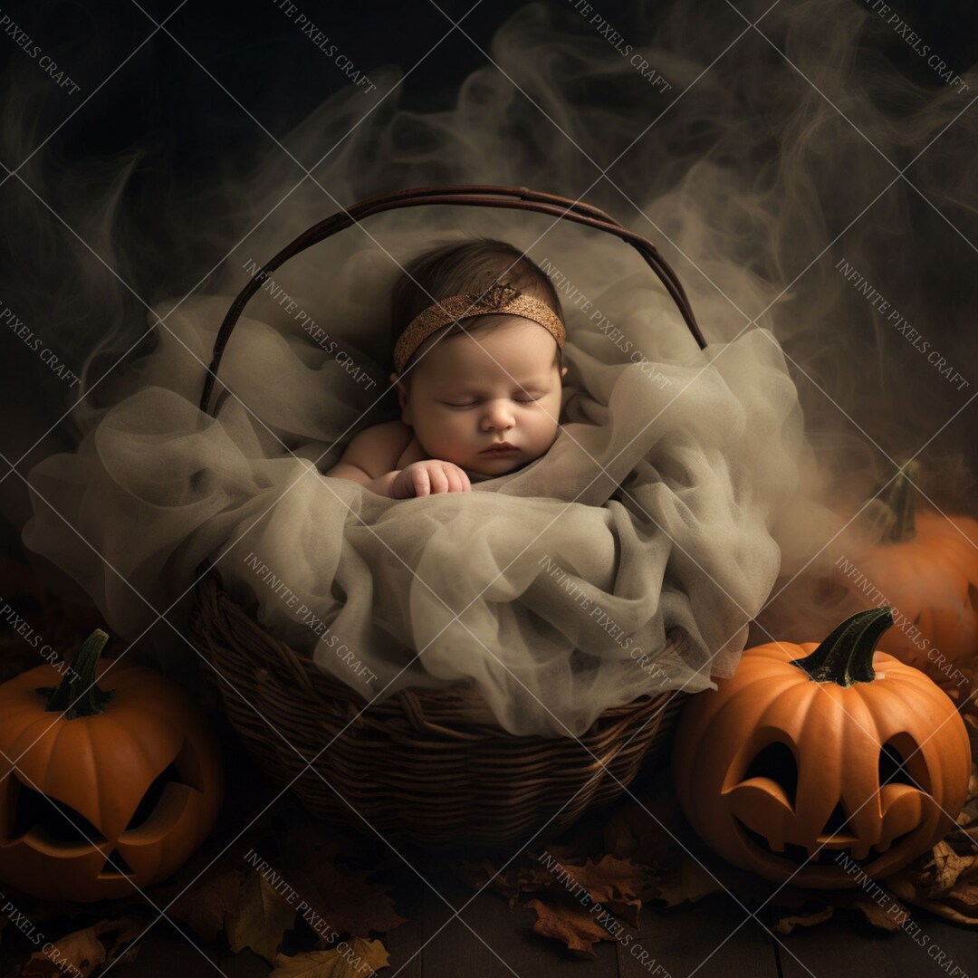 NEWBORN HALLOWEEN Digital Backdrop, Smoke Basket, Pumpkin Baby ...