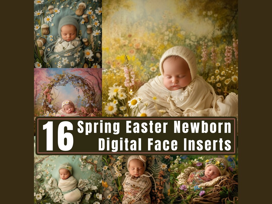 16 Spring Easter Newborn Digital Backdrops, Face Inserts (PNG Download ...