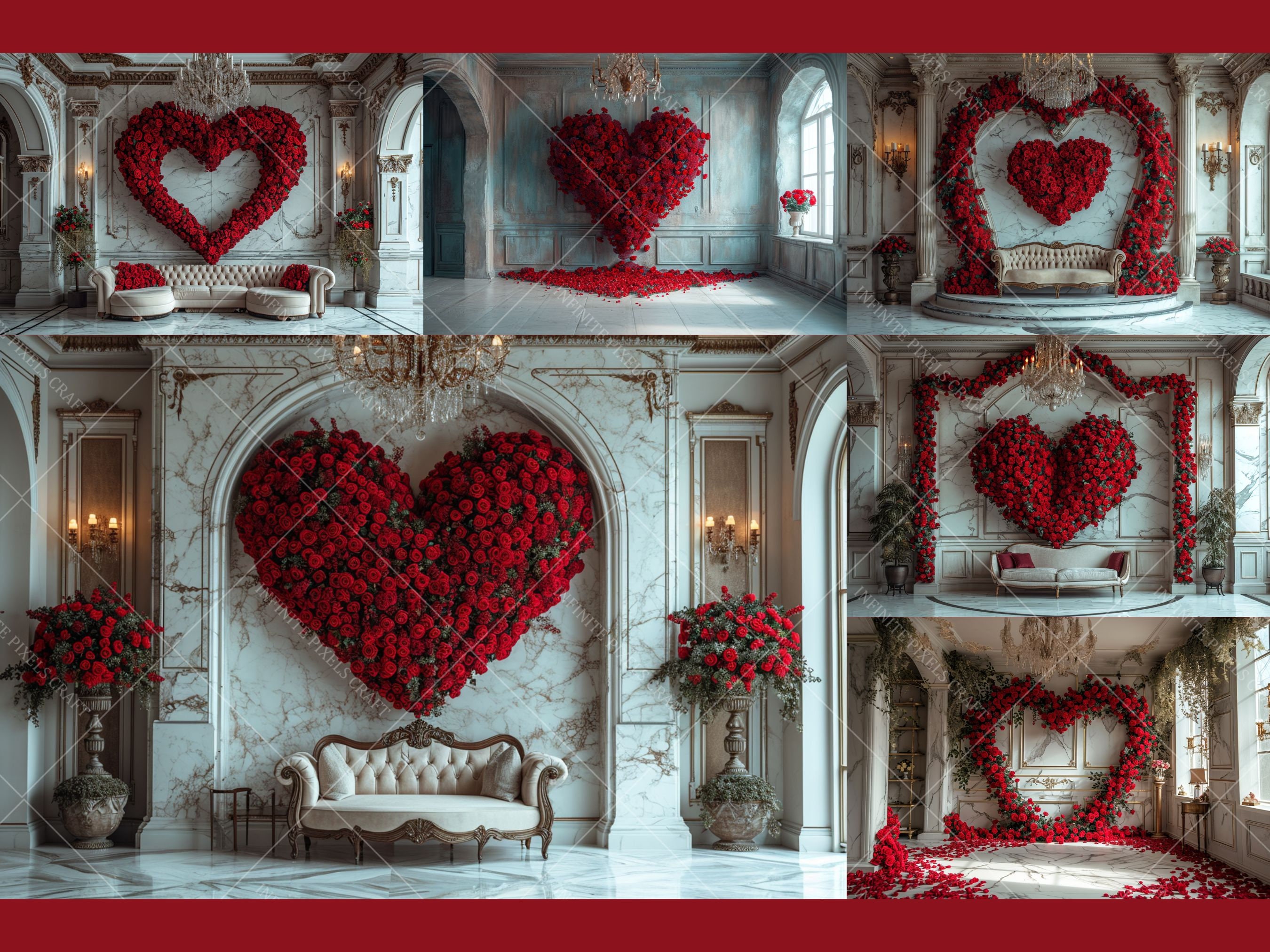 RED HEART FRAME Digital Backdrops, 22 Marble Roses Valentine's Day ...