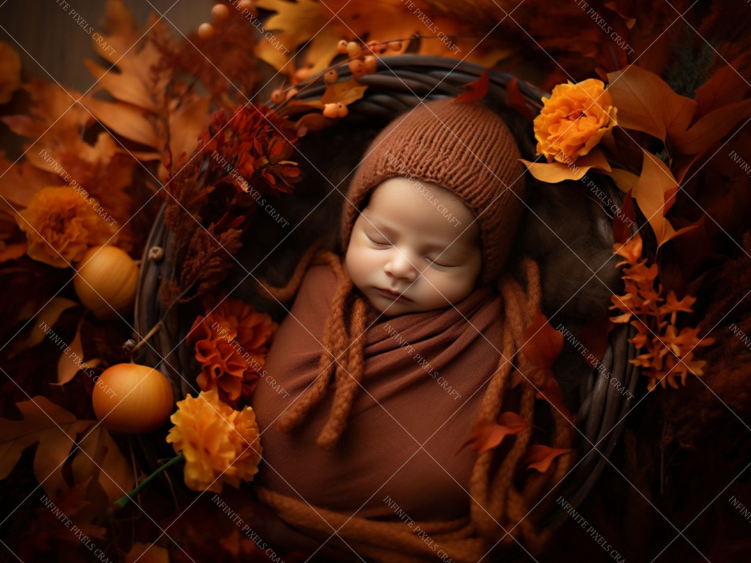 FALL NEWBORN Digital Backdrop, Face Insert Newborn, Autumn Photography ...