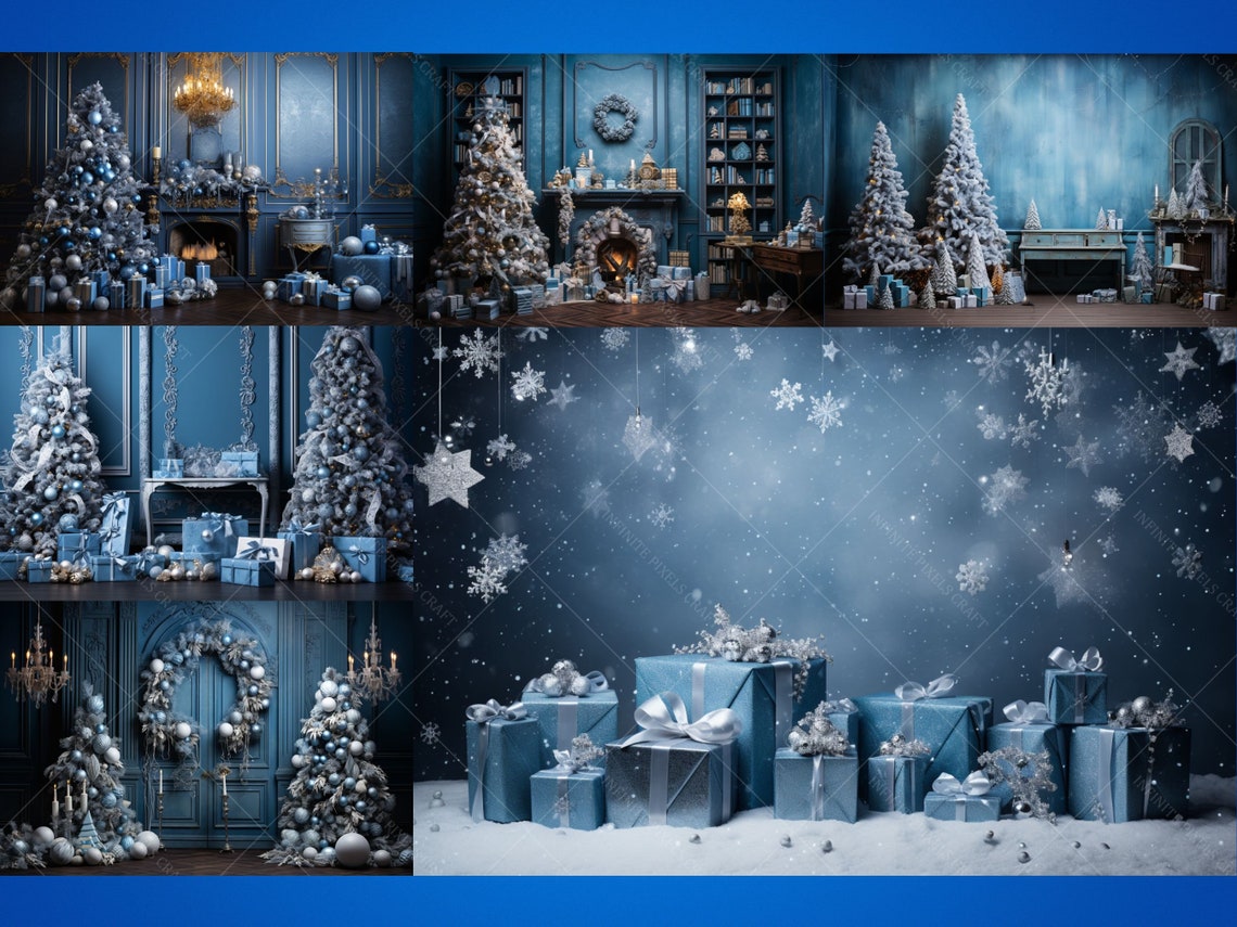 BLUE CHRISTMAS BACKDROPS, 26 Digital Backgrounds Bundle, Holiday Season ...